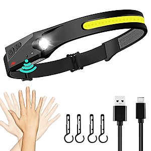 FBKK LED Headlamp Rechargeable, 230°Wide Beam Headlight with Motion Sensor, Waterproof Lightweight Head Lamp Flashlight for Camping, Hiking, Running, Outdoor for Adults and Kids