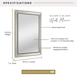 MCS 24x36 Inch Beaded Rectangular Wall Mirror, 30.25x42.25 Inch Overall Size, Silver (20454)