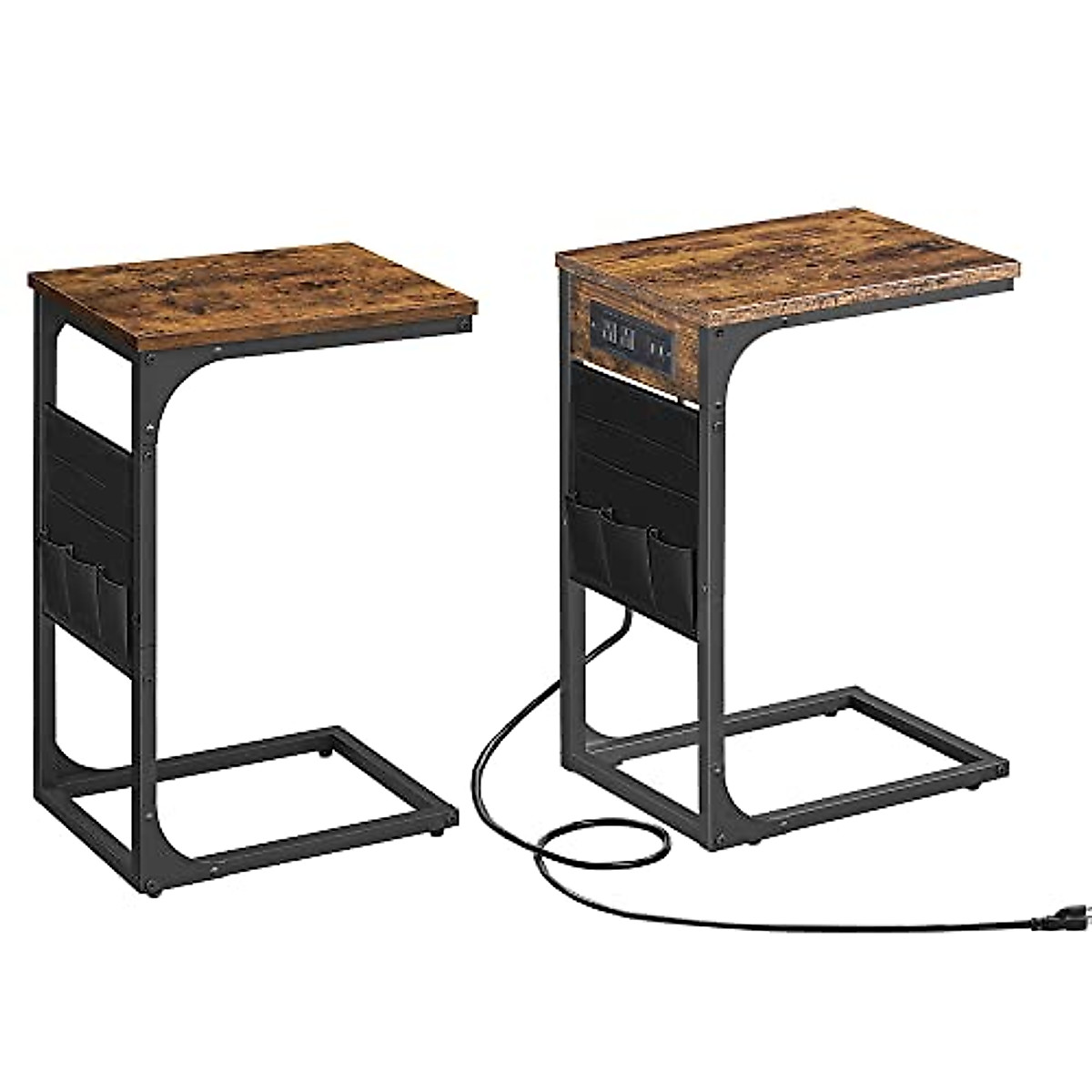 Snack Side Table, C Shaped End Table with Charging Station & USB Ports, Couch Table with Cloth Bag, Tv Tray, Small Bedside Table for Living Room, Bedroom