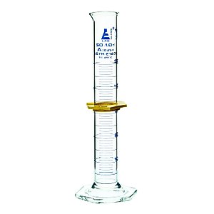 EISCO Graduated Cylinder, 50mL - ASTM, Class A Tolerance ±0.25mL - Protective Collar, Hexagonal Base - Blue Graduations - Borosilicate 3.3 Glass