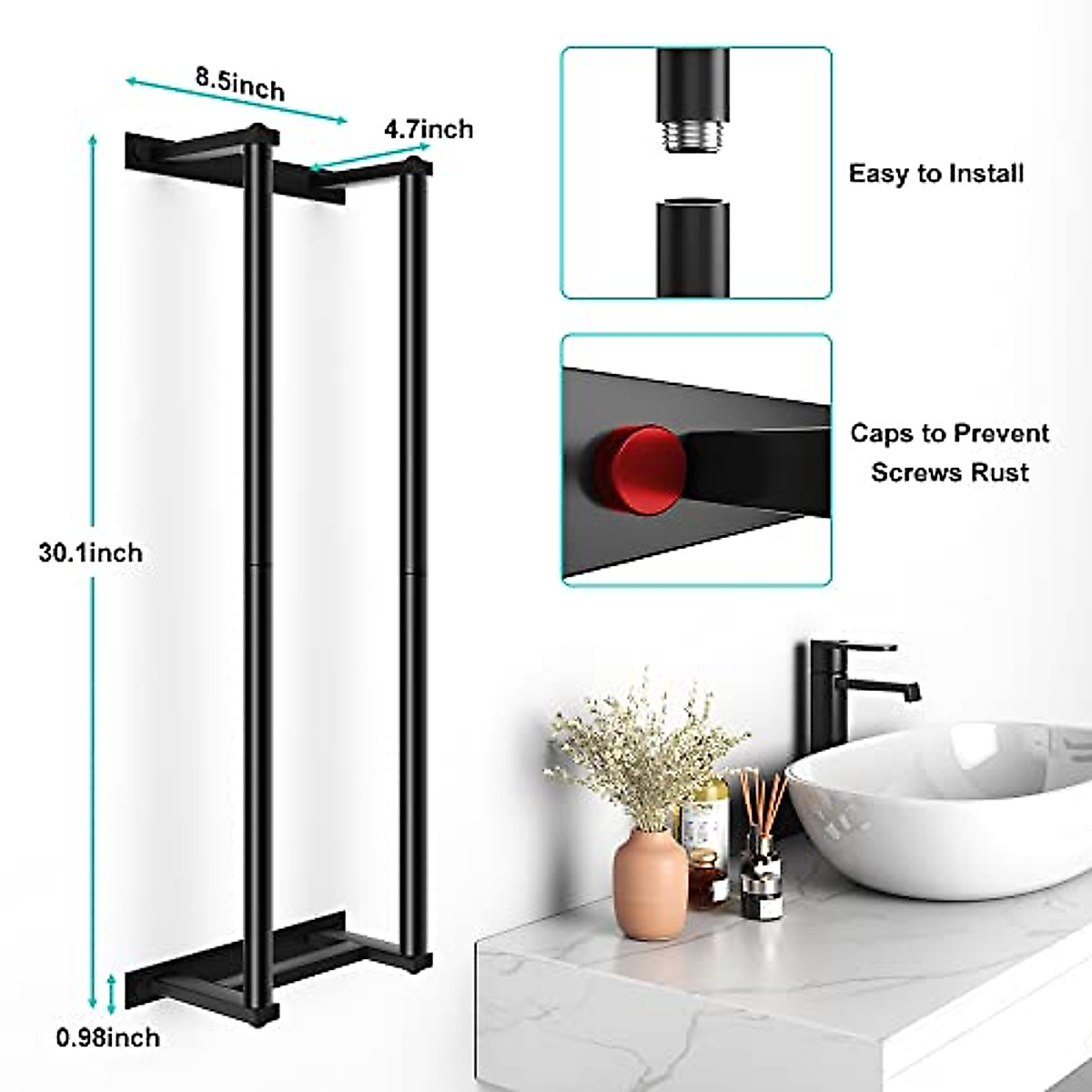 Nidouillet Wall Towel Rack for Rolled Towels, New Upgrade 2 Bar Towel Racks for Bathroom Wall Mounted, Bathroom Towel Storage, Metal Bath Towel Holder for Folded Large Towel Washcloths, Black