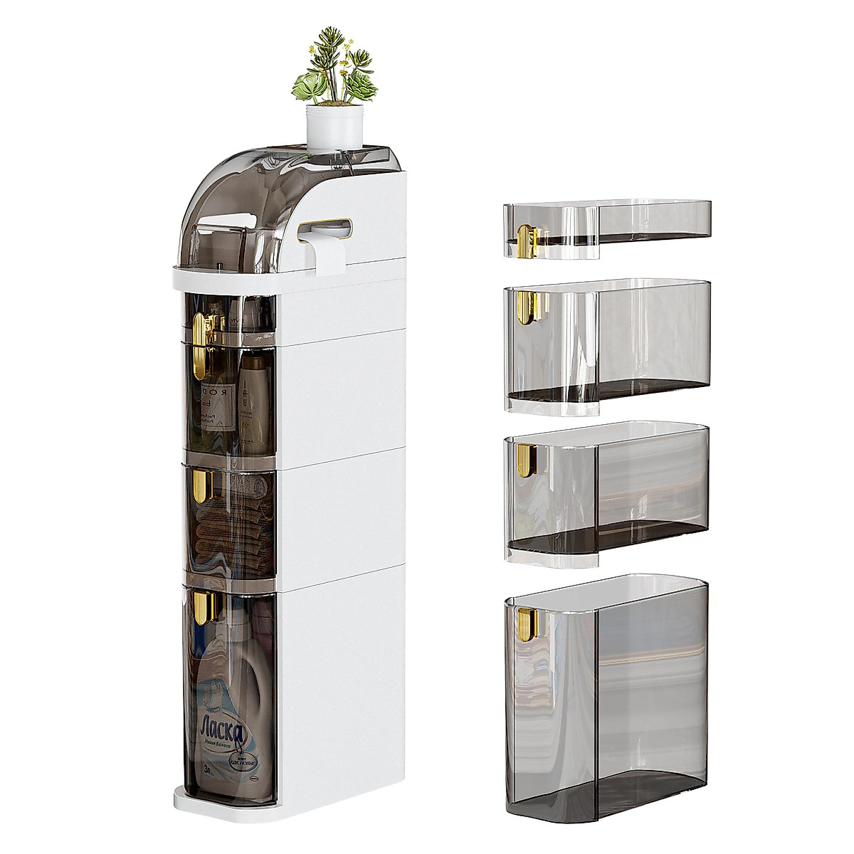 tonchean 4-Tier Bathroom Organizers and Storage,Plastic Narrow Slim Storage Cabinet with Clear Drawers Bathroom Floor Cabinet Towel Organizer Rolling Cart with Wheels for Small Space Gap Living Room