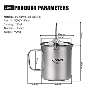 Lixada Titanium Pot 750ml Camping Titanium Coffee Cup Mug French Press Pot Coffee Maker Outdoor Camping Cooking Pot with Folding Titanium Spoon