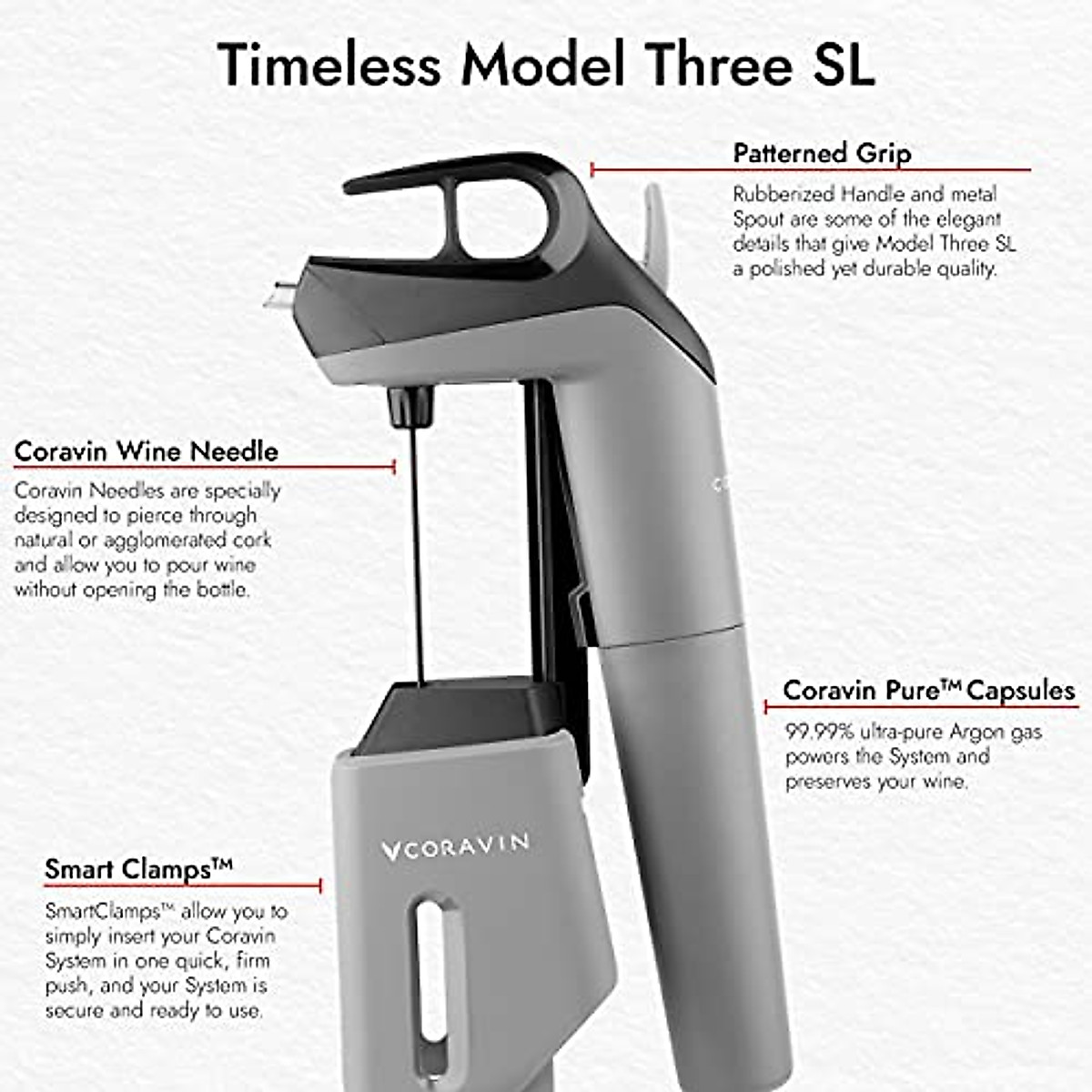 Coravin Timeless Three SL Wine-by-the-Glass-System - Wine Saver and Pourer with 1 Argon Gas Capsule