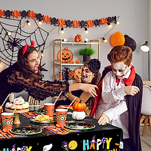 194 Pieces Halloween Party Supplies Tableware Set,Paper Dessert Plates Cups and Napkins Plastic Tablecloth Disposable Straws Knives Forks for Happy Halloween Holiday Party Decorations