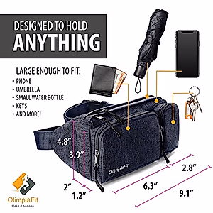 OlimpiaFit Fanny Pack for Women and Men - Waist Bag w/ 6 Anti-Theft Pockets & Plus Size Belt Extension - Water Resistant Travel Accessories - Black