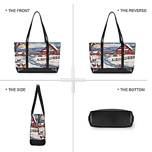 Snowy Christmas Painting Farmhouse Laptop Tote Bag for Women Canvas Teacher Tote Bags Travel Work Bag Handbags Purse Zipper