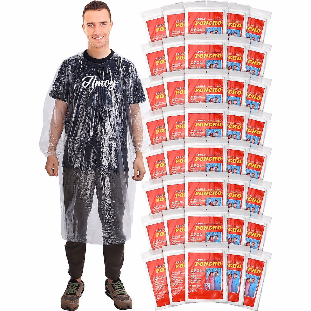 40 Pack Disposable Rain Ponchos for Adults Disposable Ponchos Pack with Drawstring Hood Elastic Sleeves Raincoat for Camping (Clear White)