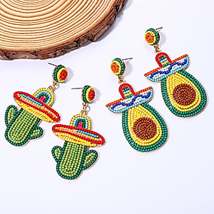 Vogueknock 2 Pairs Cinco De Mayo Earrings Beaded Cactus Pepper Avocado Mexican Earrings Statement Holiday Party Jewelry (Cactus Avocado)