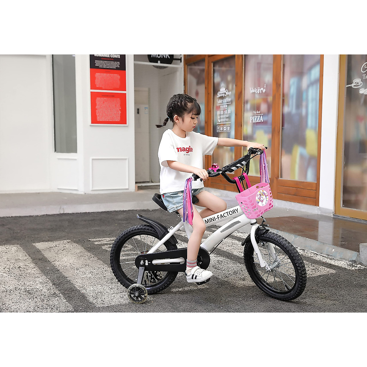 Kid's Bike Basket Accessories Set, Lovely Pink Unicorn Pattern Bicycle Front Handlebar Basket Bell, Streamer for Kid Bike