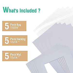 Acid Free 5 Pack 11x14 Pre-Cut Mat Board Show Kit for 8x10 Photos, Prints or Artworks, 5 Core Bevel Cut Matts and 5 Backing Boards and 5 Crystal Plastic Bags, White