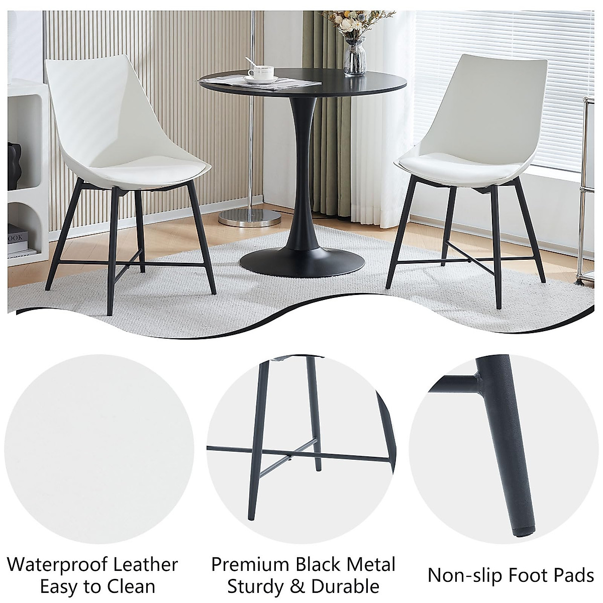 ANOUR Modern Dining Chairs Set of 2,Plastic Kitchen Chairs with PU Leather Cushions and Sturdy Metal Legs, Upholstered Armless Side Chair for Dining Room, Kitchen,Living Room-White