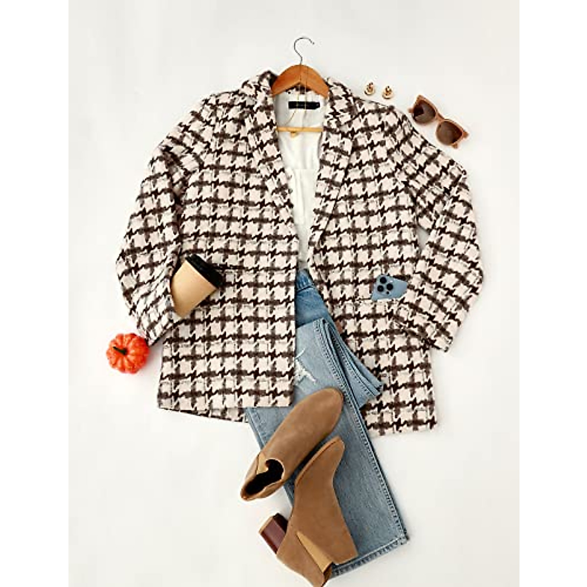 MEROKEETY Women's Long Sleeve Notch Lapel Fashion Plaid Jacket Coat Open Front Pockets Blazer Suit, Brown, L