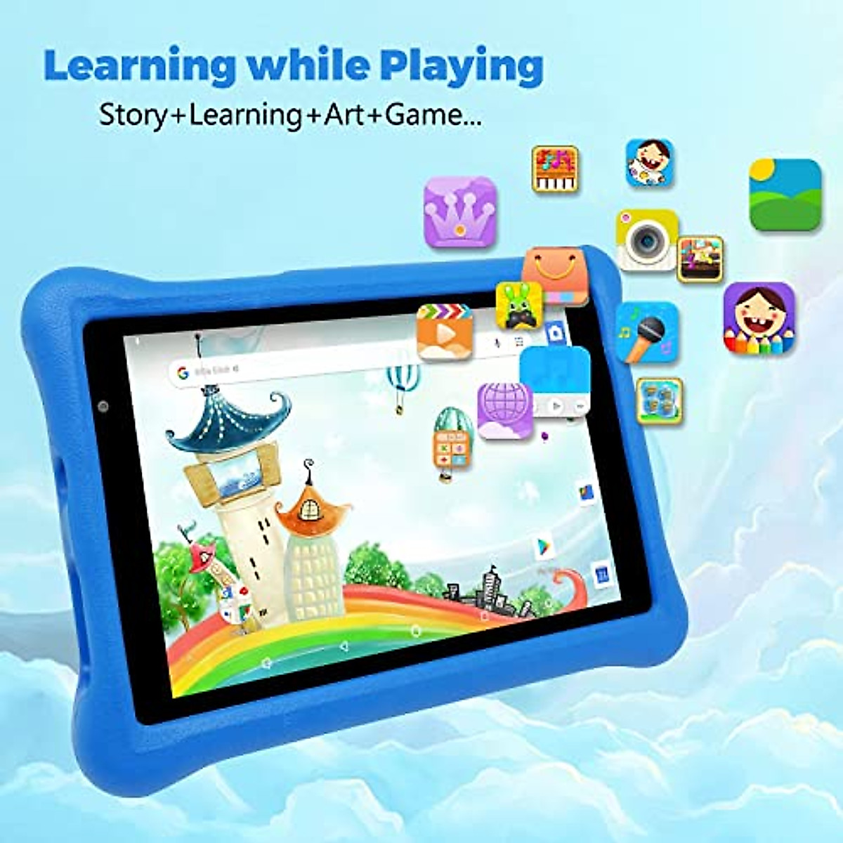 dxmart 32GB,Kids Tablet 8 inch Android 10.0 2GB RAM Quad Core 1280×800 IPS Display Parental Control Kids App Pre-Installed GMS Dual Cameras Kid-Proof Case YouTube Neflix (Blue)