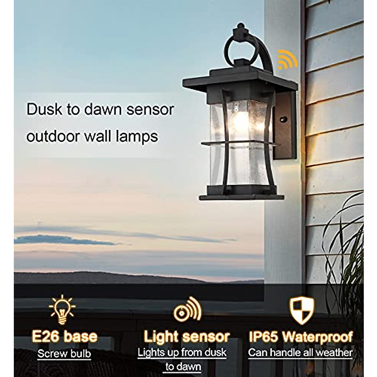 EERU Dusk to Dawn Outdoor Wall Lantern Exterior Light Fixtures Wall Mount Porch Light with Photocell Sensor Waterproof Outside Wall Lights for House, Patio, Garage, Black with Seeded Glass