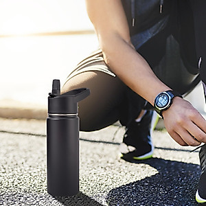 Kerilyn 18 oz Insulated Water Bottle With Straw, Stainless Steel, Vacuum Double Walled Leak Proof Sports Water Cups Flask with 2 Lids (Straw, Spout), Sweat-Proof BPA-Free, Black