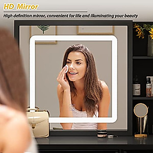 AIEGLE Large Vanity Desk Set with Sliding Lighted Mirror, Makeup Dressing Table with Hidden Shelves & Cushioned Stool, Black - Sliding Lighted Mirror