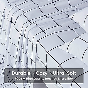 SLEEP ZONE Printed Plaid Twin Bed Sheets Set for Kids 3 Piece - Double Brushed Microfiber Super Soft Breathable Bedding Sheets with 16 inch Deep Pocket (Black Grid Printed on White)