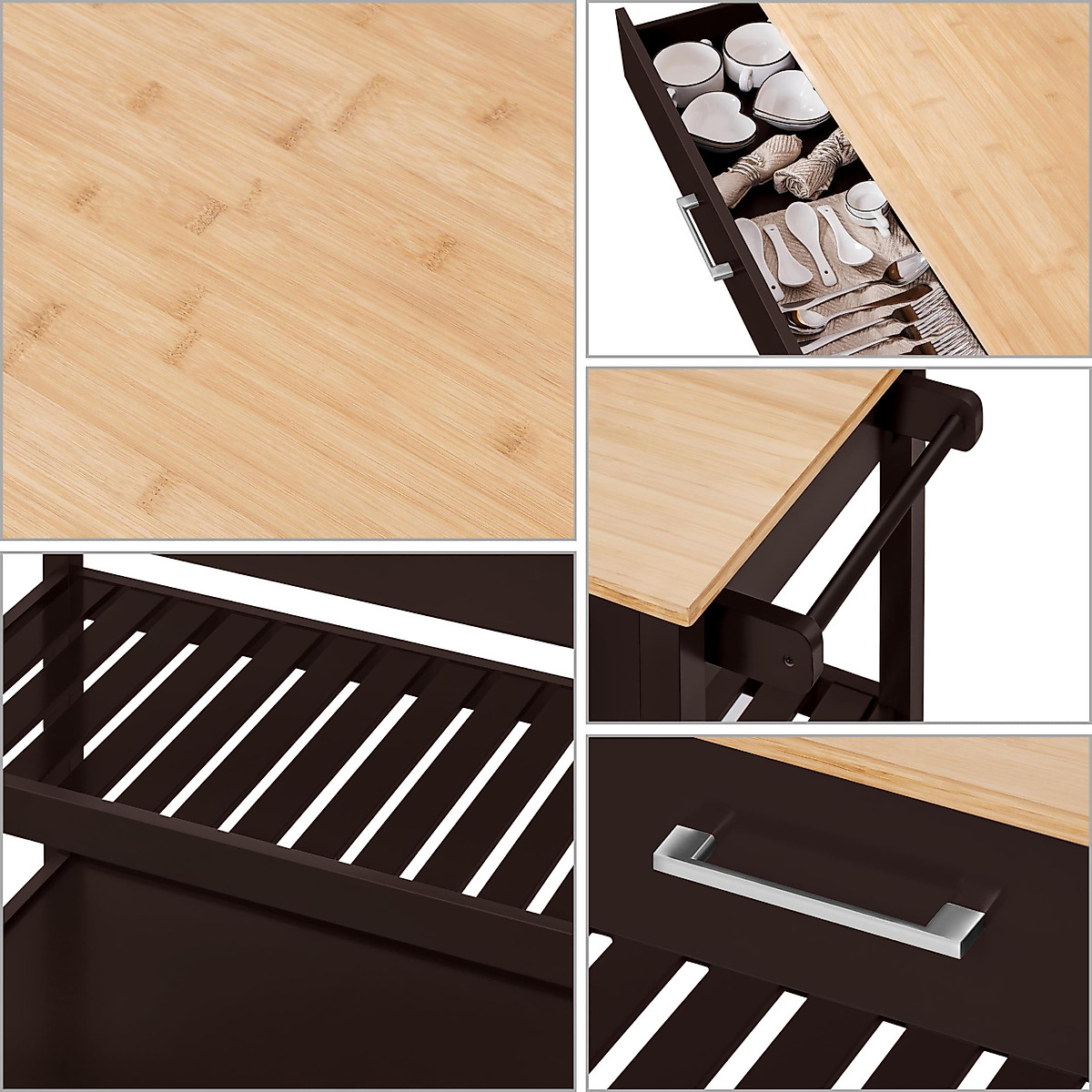 Yaheetech Rolling Kitchen Island Cart, 3 Tiers Microwave Stand Cart Serving Cart on Wheels with Storage Drawer and Shelves 40’’ W Large Countertop, Espresso