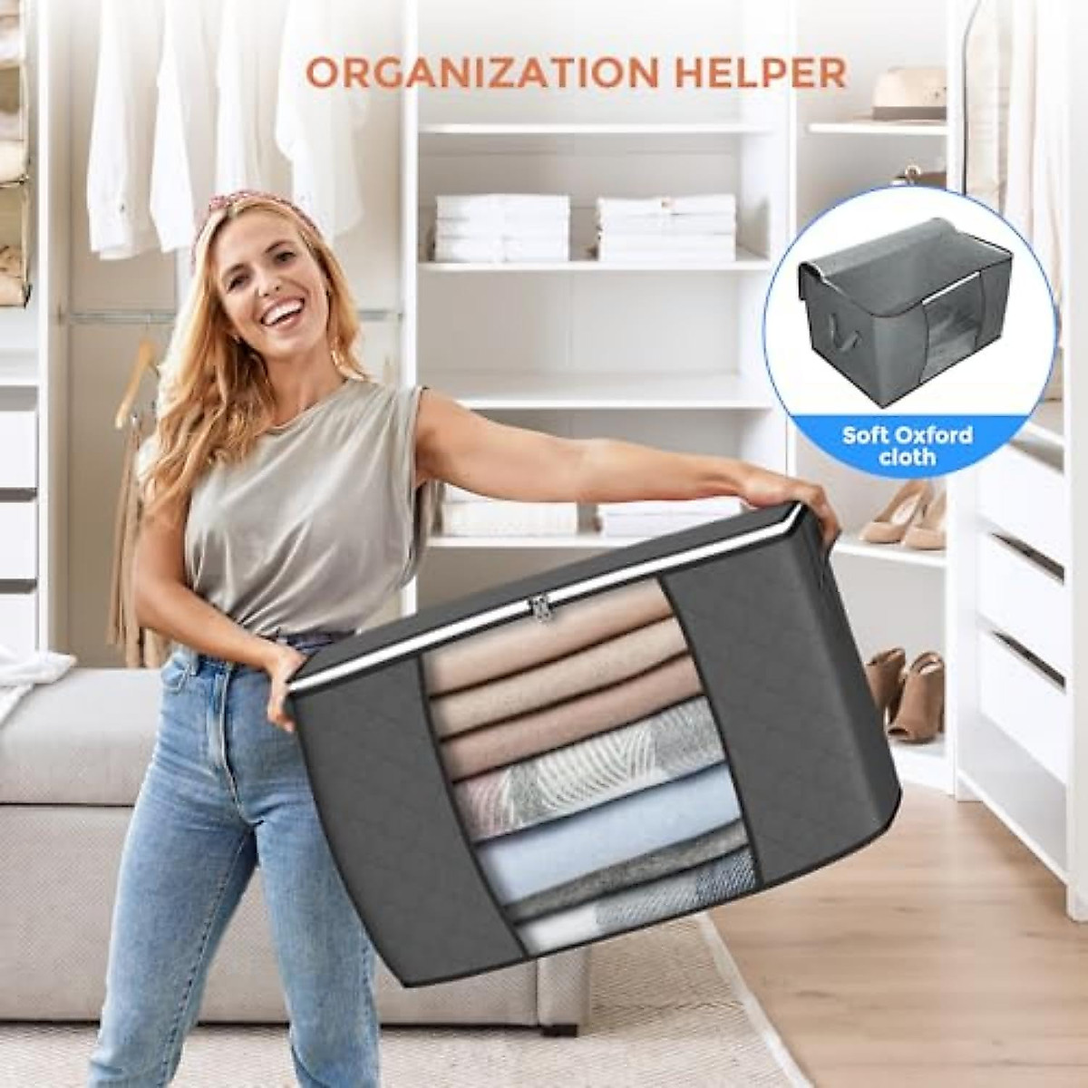90L Large Storage Bags, 6 Pack Clothes Storage Bins Foldable Closet Organizer Storage Containers with Durable Handles Thick Fabric for Clothing, Blanket, Comforters, Bed Sheets, Pillows and Toys (Gray)