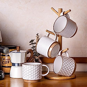 GBHOME 12OZ Stackable Coffee Mugs, Ceramic Coffee Mugs with Texture Patterns for Man,Woman,Dad,Mom, Modern Coffee Mugs Set of 4 for Latte/Cappuccino/Cocoa. Dishwasher&Microwave Safe, Off White