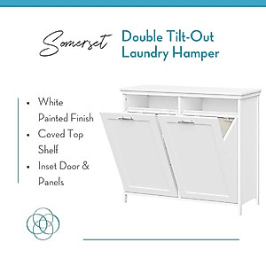 RiverRidge Somerset Double Tilt Out Laundry Hamper - Stylish Laundry Room Cabinets with Removable Cloth Bags, Inset Doors & Coved Top Shelf - Laundry Cabinet for Clothes & Towels