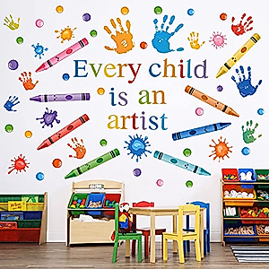 Every Child is an Artist Wall Decals Watercolor Crayon Paint Splatter Wall Decal Handprint Polka Dots Splash Wall Stickers Colorful Peel and Stick for Classroom School Nursery Playroom Daycare Decor