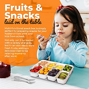 Divided Serving Tray with Lid & Handle, Portable Snackle Box, Storage Organizer - Charcuterie Container, with 8 Compartments & 4 Forks for Fruits, Veggies, Nuts, Snacks, Candy for Travel and Picnic