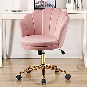 Furnimart Home Office Chair with Wheels Upholstered Comfy Velvet Desk Chair Stool, Adjustable Swivel Modern Seashell Back Vanity Chair for Living Room, Bedroom, Office (Pink)
