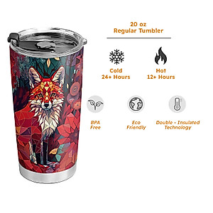 20oz Red Ruby Stained Glass Crystal Mosaic Fox Tumbler, Gifts for Fox Lovers, Coffee Thermos for Women, Stainless Steel Double Wall Vacuum Insulated Coffee Mug, Travel Cup with Lid