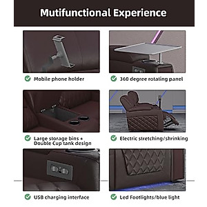 Home Theater Seats, Electric Recliner with USB Port and Cup Holder, Breathable Cowhide Double Sofa with Hidden armrest Storage Space, and Seats with Ambient Lighting (Coffee Color, Set of 3)