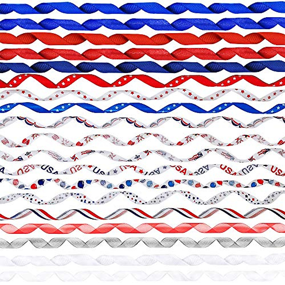 18 Rolls 90 Yards Bulk Patriotic Ribbons Red White Blue Striped Printed Ribbons Assortment 3/8 Grosgrain Ribbon Satin Ribbons Glitter Ribbons Organza Ribbons for 4th of July Craft Gift Wrapping Sewing