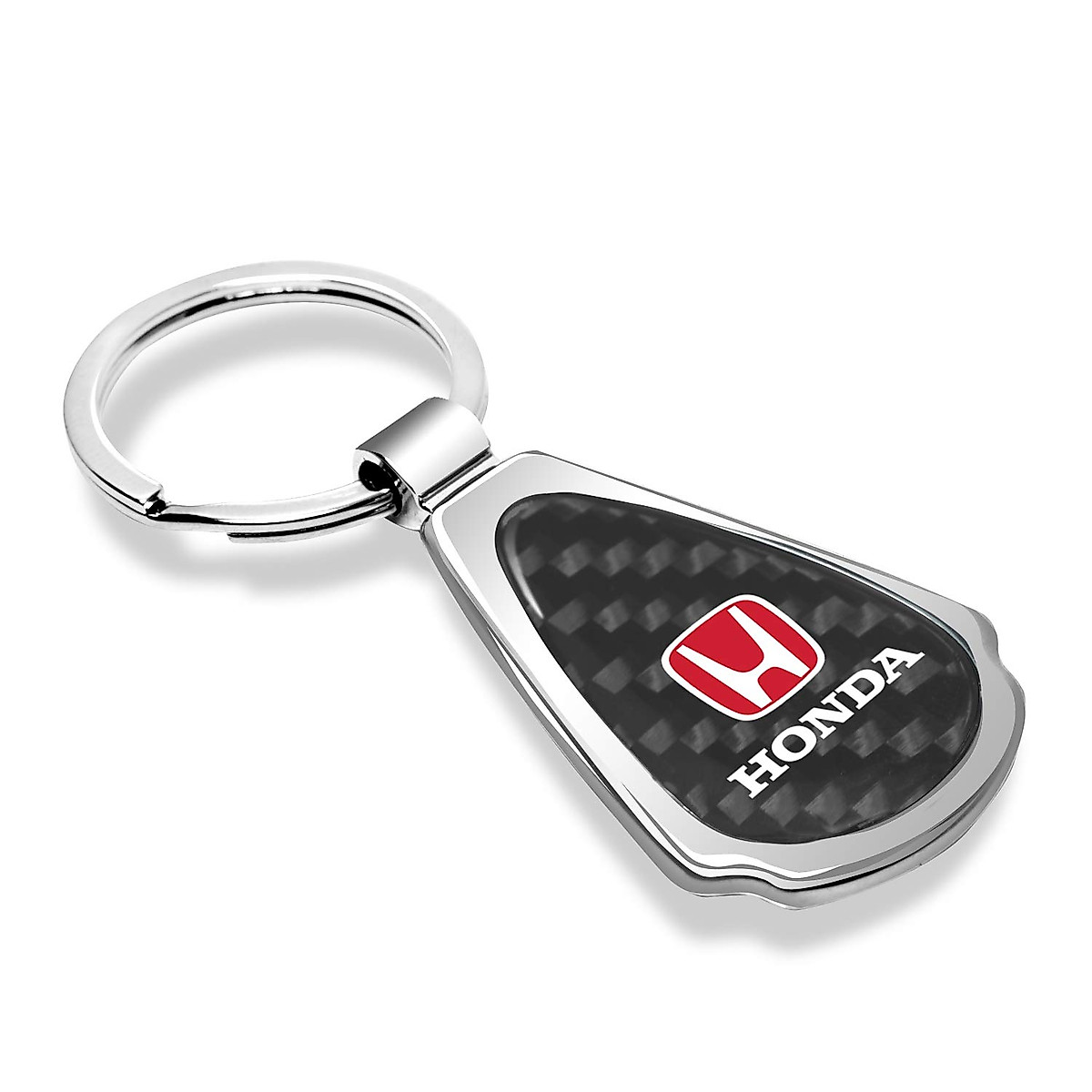 iPick Image Compatible with Honda Logo in Red Real Black Carbon Fiber Chrome Metal Teardrop Key Chain