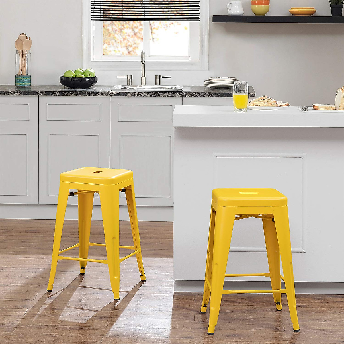 Devoko Metal Bar Stools 24" Indoor Outdoor Stackable Barstools Modern Style Industrial Vintage Counter Bar Stools Set of 4 (24 inch, Yellow)