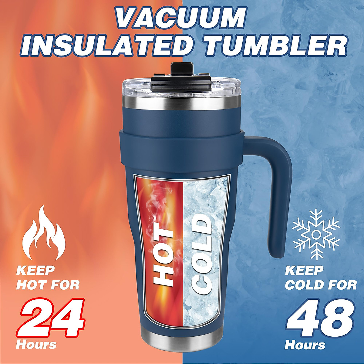 Opreine 32oz Tumbler with Handle, Insulated Tumbler with Straw and Lid, Stainless Steel Double Vacuum Travel Coffee Mug Cup, Fit for Car Holder, Spill Proof, Dishwasher Safe, Sweat Proof, Navy