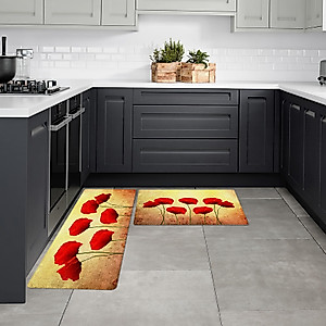 Libaoge Kitchen Mat Rug Set of 2 Red Flowers Under Sunset Runner Rug Anti-Fatigue Comfort Memory Foam Standing Mat Non-Slip Floor Door Mat for Bathroom Bedroom 20x32in+20x63in