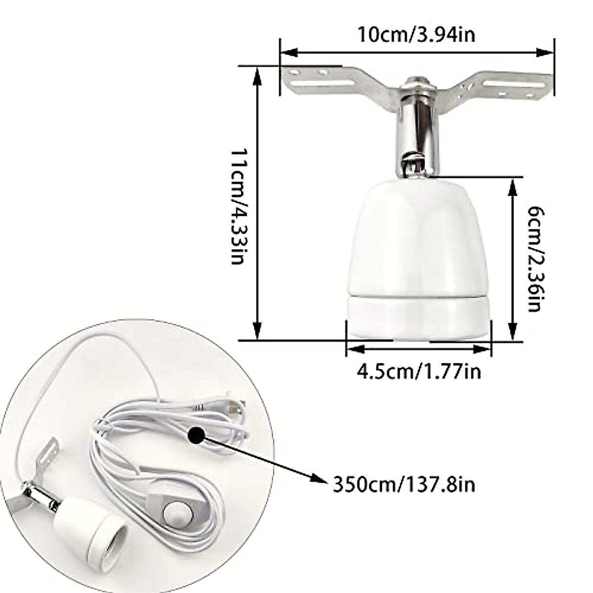 Flylin Reptile Ceramic Heat Lamp Holder, 300W Reptile Lamp Socket 360° Rating Heat Light Holder Kit E27 Socket for Lizard Turtle Snake Aquarium (no Bulb Included, White)