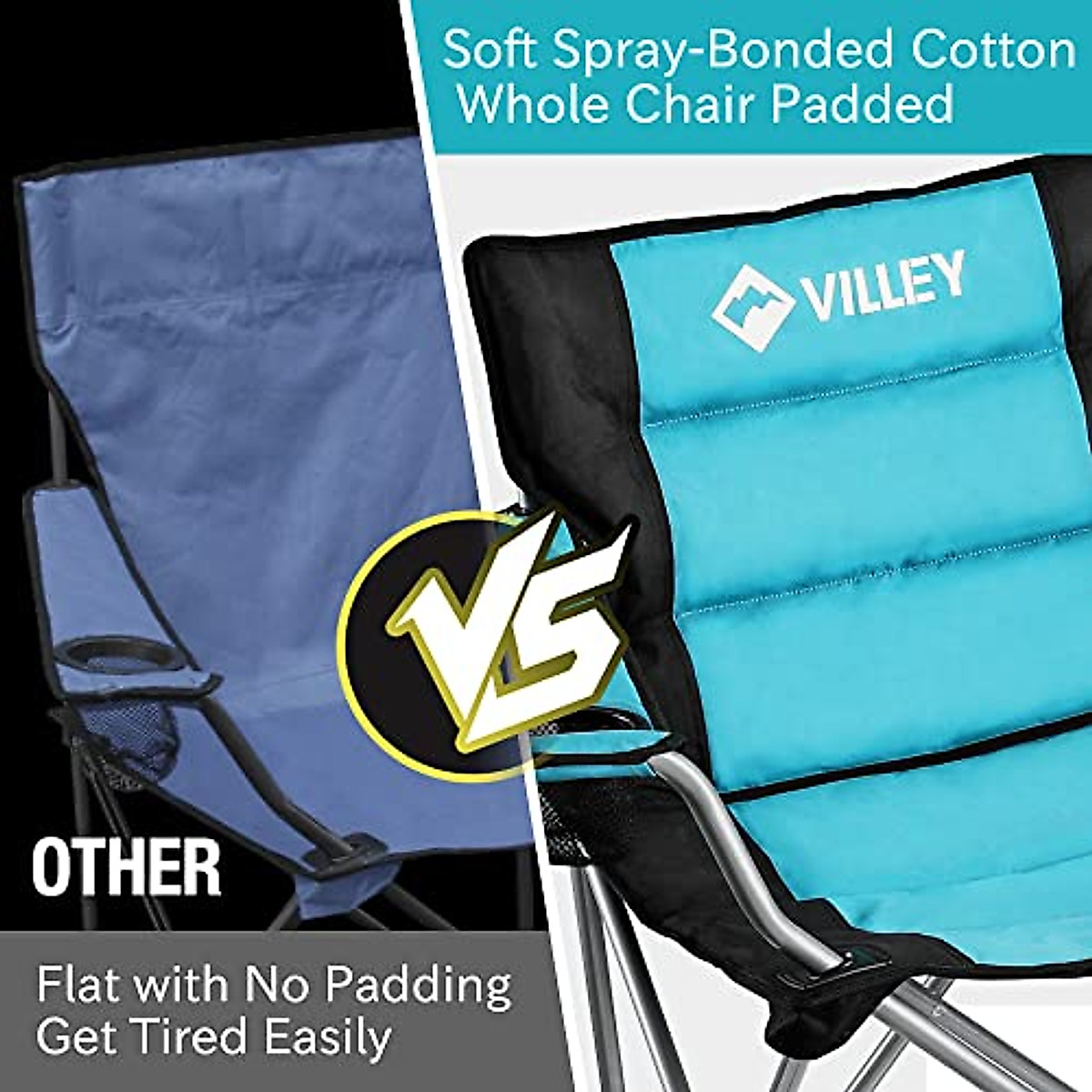 VILLEY Camping Chairs, Padded Folding Chair, Outdoor Portable High Camp Chair, Foldable Outside Arm Chair with Cup Holder & Carry Bag, Blue