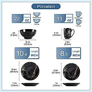 LOVECASA Black Dish Set for 8, 32 Piece Porcelain Dinnerware Sets Plates and Bowls Sets, Gold Splash Glaze Round Dinner Plates, Stylish and Modern Dinner Set with Mugs, Dishwasher & Microwave Safe