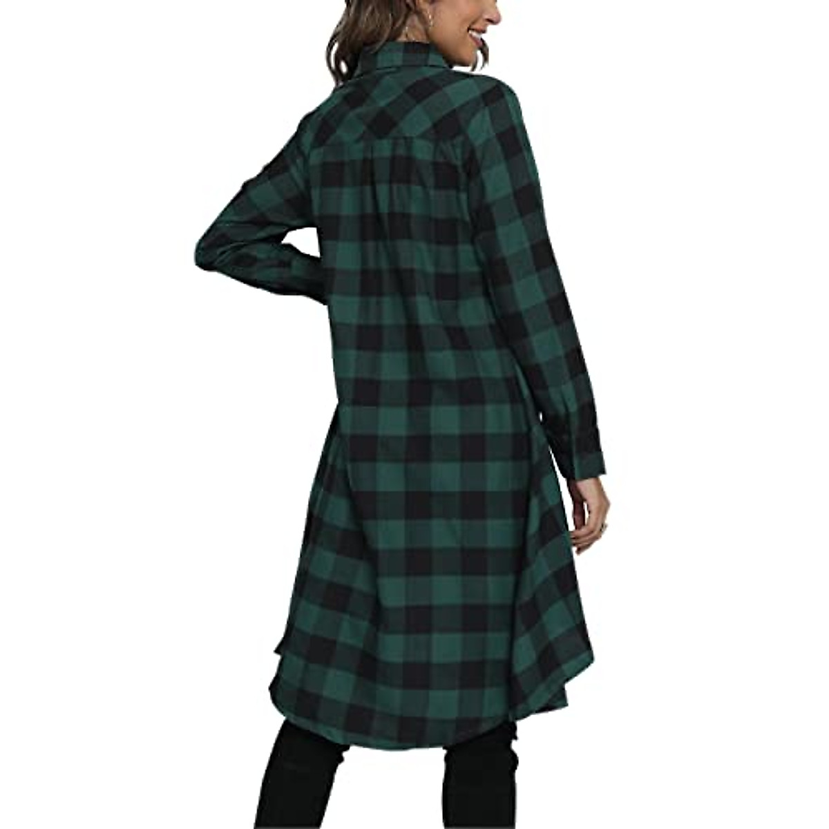 olrain Womens Plaids V Neck Long Sleeve Irregular Hem Casual Shirt Dress (Large, Green)