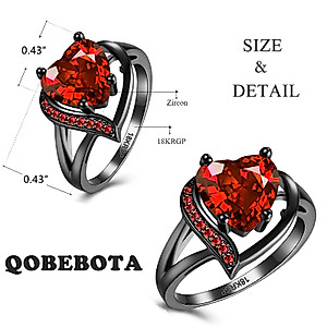QOBEBOTA Romantic Size 8 Black Gold Plated Engagement Rings Red Heart Ruby Ring Promise Rings for Her Gothic Wedding Ring Birthday Gifts Statement Ring for Women