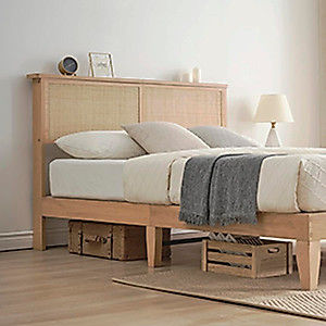 coucheta Rattan Bed Frame Full with Natural Rattan Headboard,Bohemian Rattan Full Size Bed Frame with LED Lights,Solid Wood Foundation with Silent Slats,No Box Spring Needed (Full)