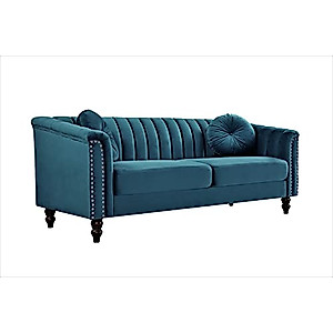 Container Furniture Direct Tufted Velvet Sofa with Removable Cushions and Turned Wood Legs, Elegant Living Room Furniture for The Modern Home, 75.2 Inch Couch, Blue Green