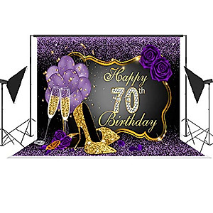 Happy 70th Birthday Backdrops Shining Purple Dots and Gold Frame Photography Background for Party Decorations Rose Floral Balloons Heels Champagne Glass Party Banner Supplies Photo Studio Props 7x5ft