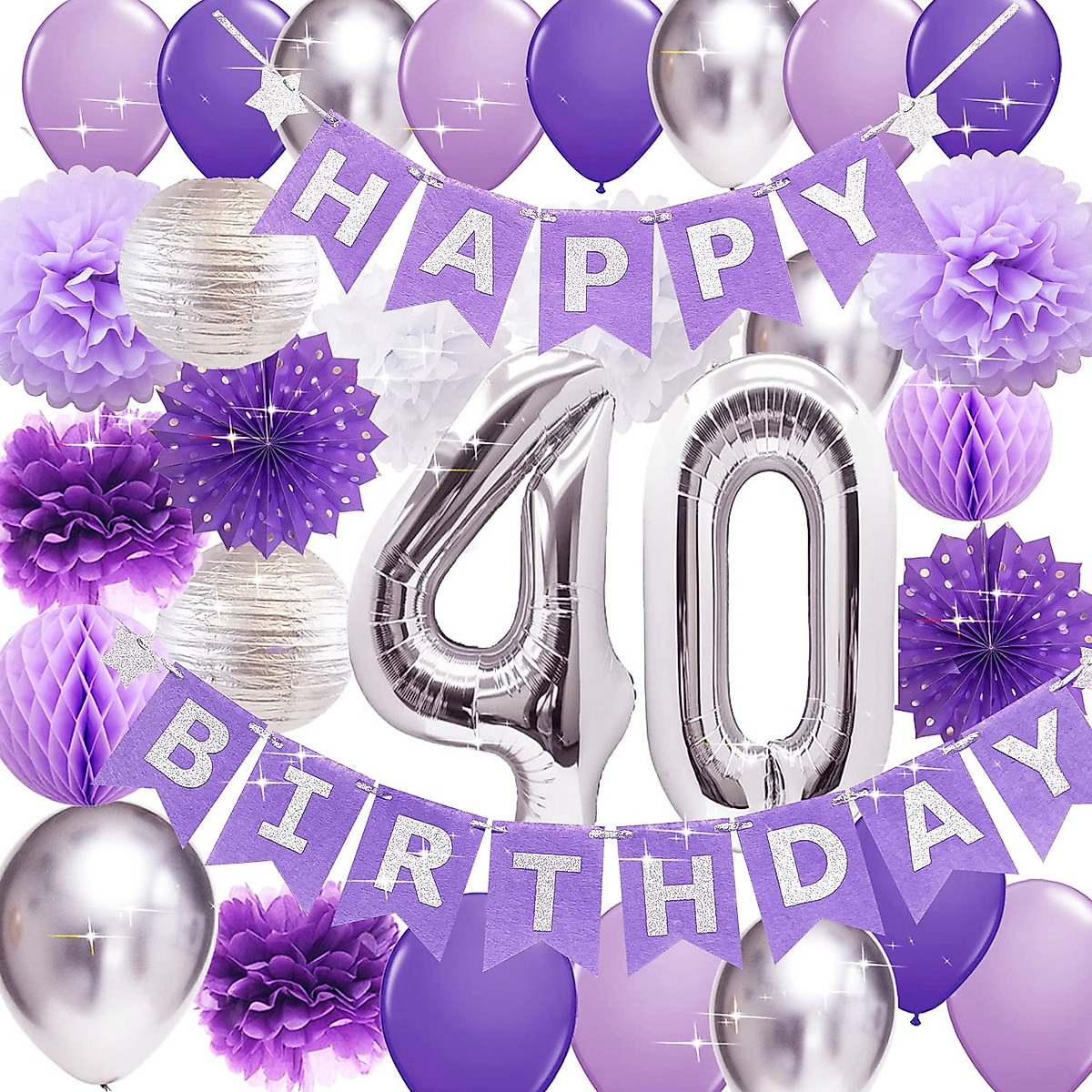40th Birthday Party Decorations for Women Purple Silver Happy Birthday Banner Latex Balloons 40th Birthday Party Supplies/Purple 40th Birthday Decorations for Women