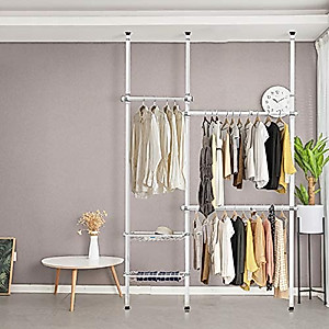 Tangkula Double 2 Tier Adjustable Closet System, Floor to Ceiling Clothes Hanger with 2 Storage Baskets & Inner Spring, Clothing Garment Rack Telescopic Closet Organizer for Living Room, Bedroom