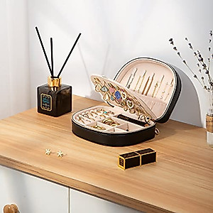 ProCase Travel Size Jewelry Box, Small Portable Seashell-Shaped Jewelry Case, 2 Layer Mini Jewelry Organizer in PU Leather, Earring Necklace Bracelet Ring Holder Box for Women Girl -Black