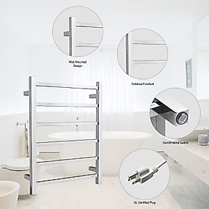 SHARNDY Towel Warmer Polished Chrome for Bathroom Wall Mounted Bath Towel Heater Plug-in Square 6 Bars Drying Rack Stainless Steel Electric Heated Towel Rack ETW13 68W 26.77x20.47x4.13 inches