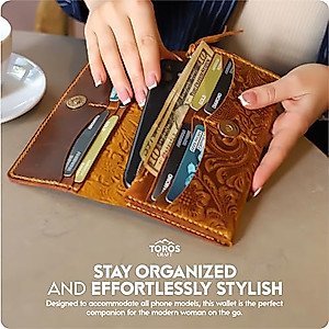 Toros Craft Handmade Western Wallets for Women, Genuine Tooled Leather & Long Credit Card Holder, Cowhide Slim Cell Phone Case, Large Capacity, Cute Clutch & Purse & Handbag (Camel)