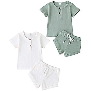 Amuhou Unisex Baby Short Sleeve T-shirts and Shorts Sets Stripe for Newborn Infant Toddler Boy Girls (White/Light Green, 0-6 Months)